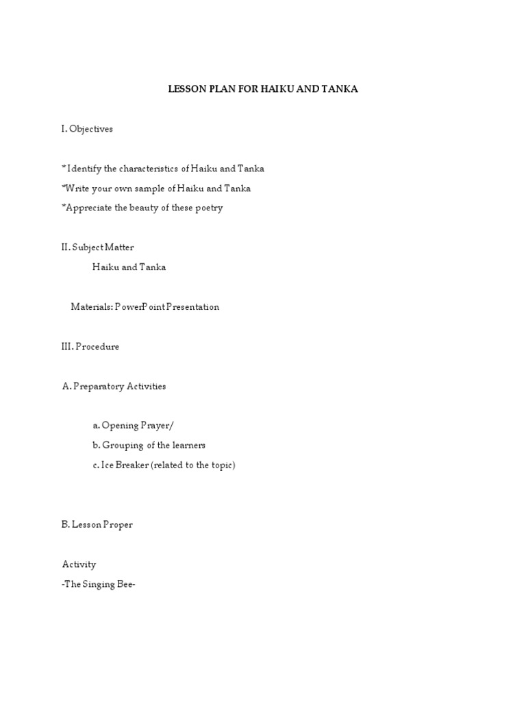 Lesson Plan For Haiku and Tanka | PDF | Poetry | Haiku