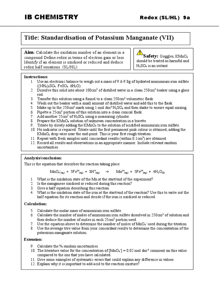 Standardization of Potassium Manganate | PDF | Titration | Chemistry
