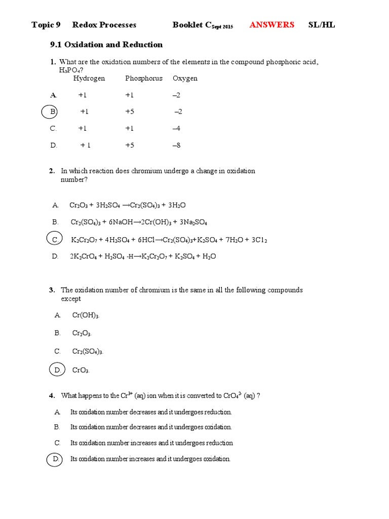 Topic 9 Redox Booklet C ANSWERS 2014 (Amended Sept 2015) | PDF | Redox | Anode