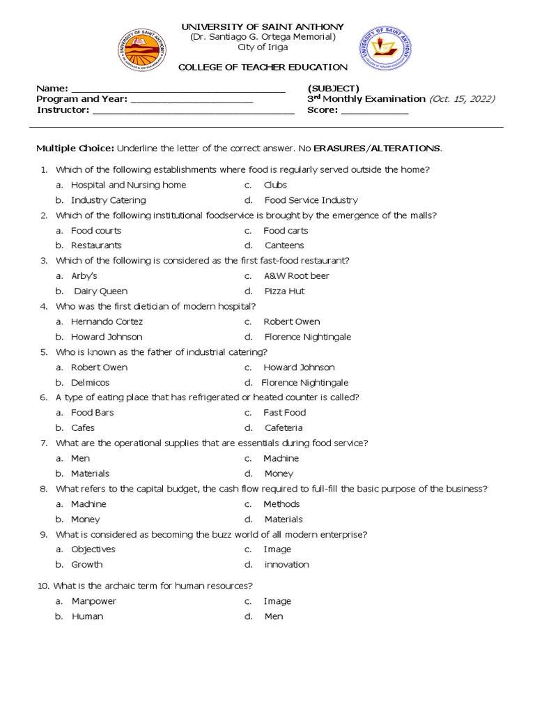 Test Paper | PDF | Foodservice | Foods