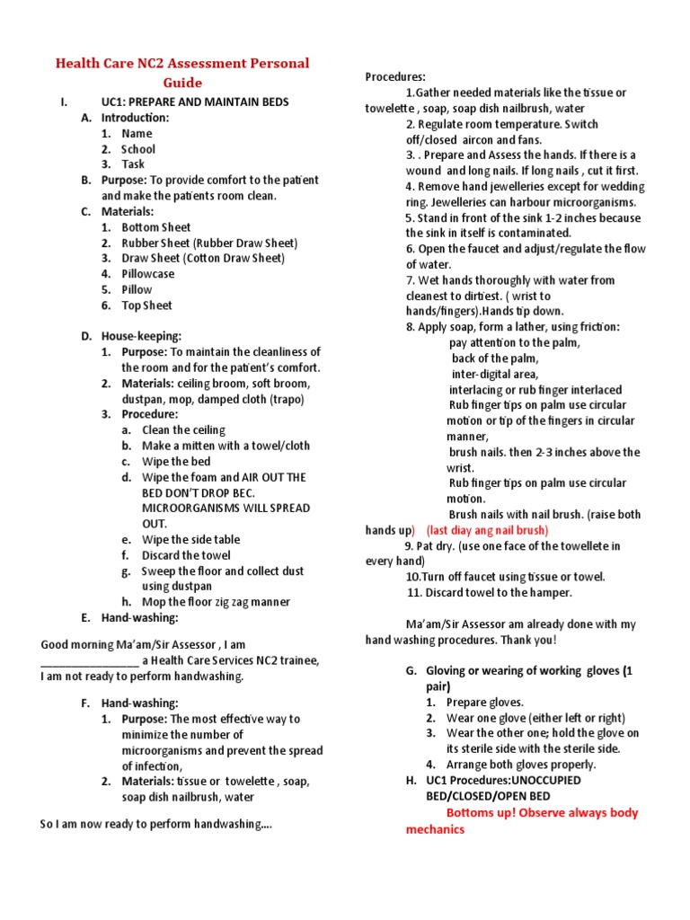 Health Care NC2 Assessment SCRIPT | PDF | Hand Washing | Pillow