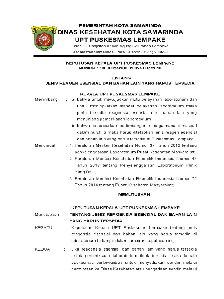 SK Tentang Jenis Reagensia Esensial Dan Bahan Lain Yang Harus Tersedia ...