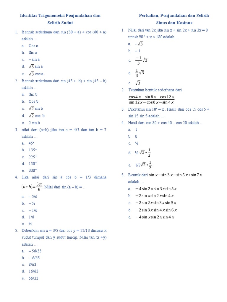 Identitas Trigonometri Penjumlahan Dan Selisih Sudut | PDF