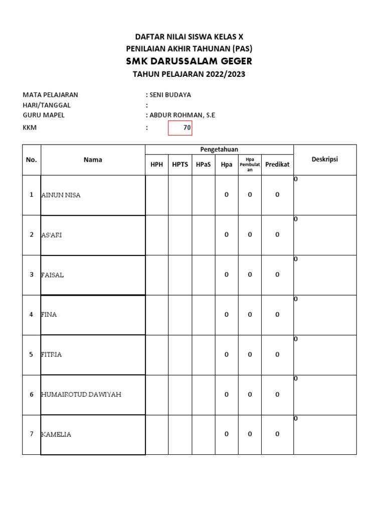 Format Nilai Mapel Kls X | PDF