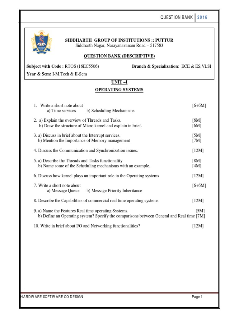 16ec5506 Rtos Question Bank Pdf Real Time Computing Scheduling Computing