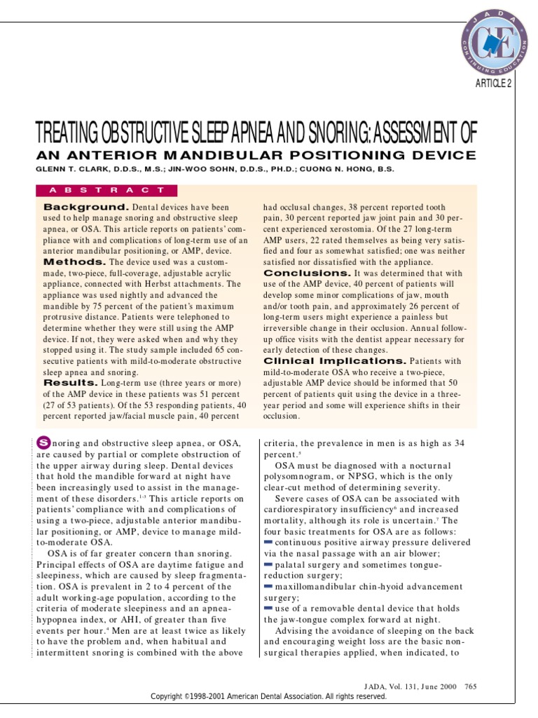 Treating Obstructive Sleep Apnea and Snoring: Assessment of An Anterior ...
