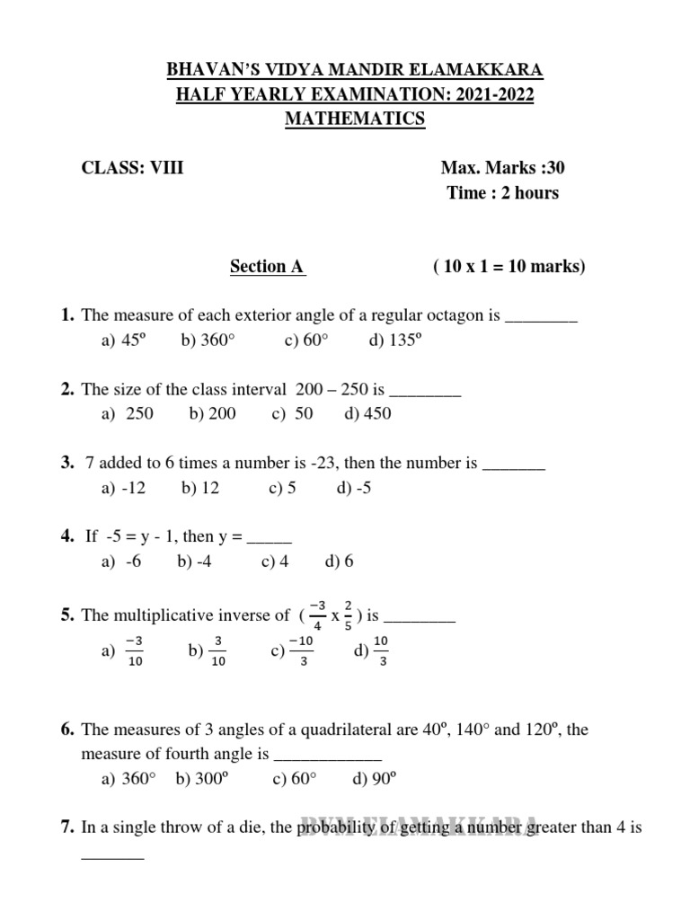 Bhavan's Vidya Mandir Half Yearly Exam Maths Class 8 | PDF