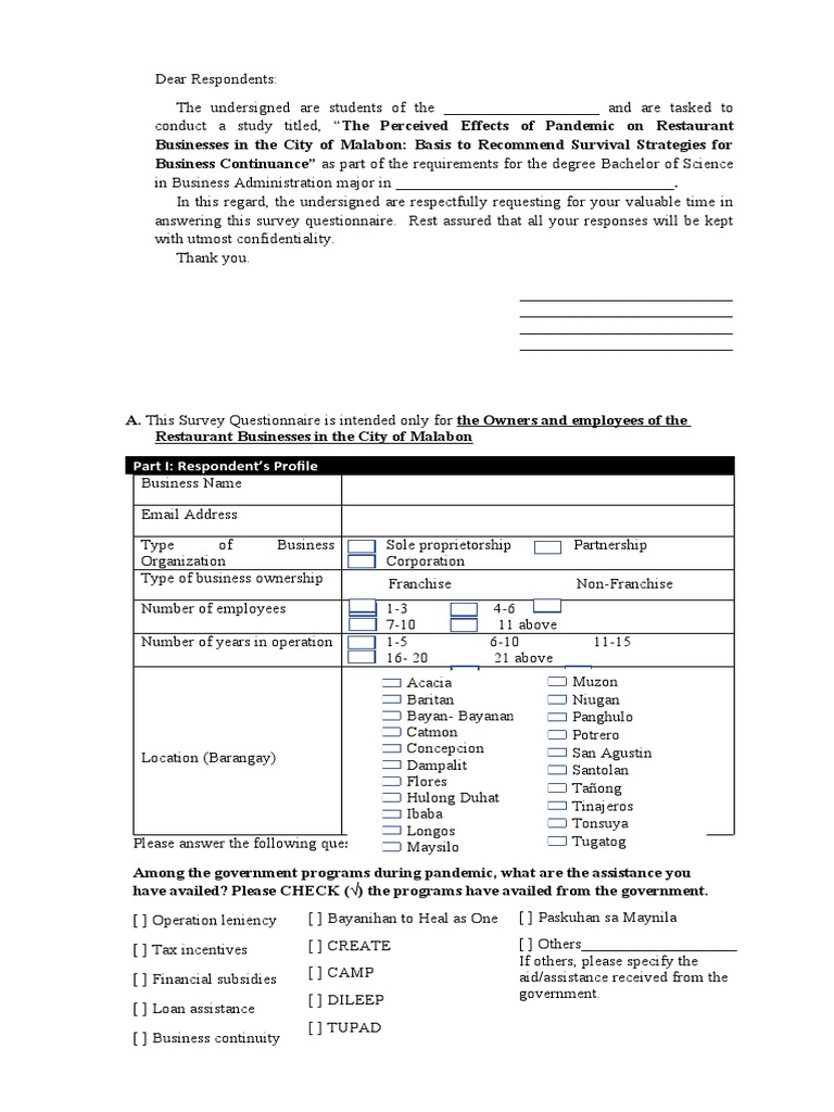 Sample Questionnaire | PDF | Restaurants | Sales