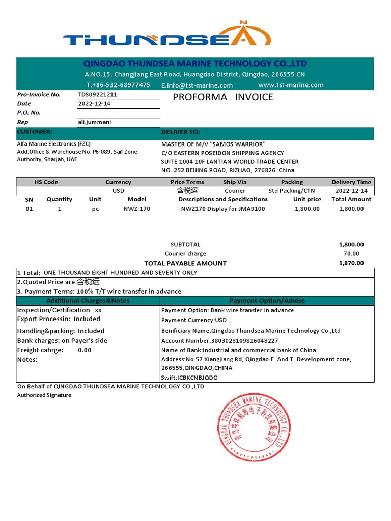 Proforma Invoice For NWZ-170 Display | PDF | Money | Business