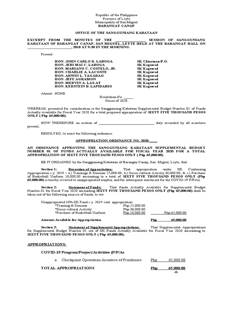 Brgy Resolution | PDF | Appropriations Bill (United States) | Government