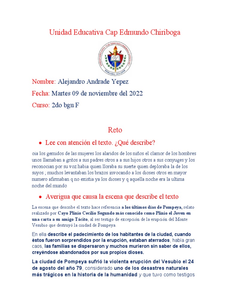Unidad Educativa Cap Edmundo Chiriboga Historia | PDF | monte Vesubio | Pompeya