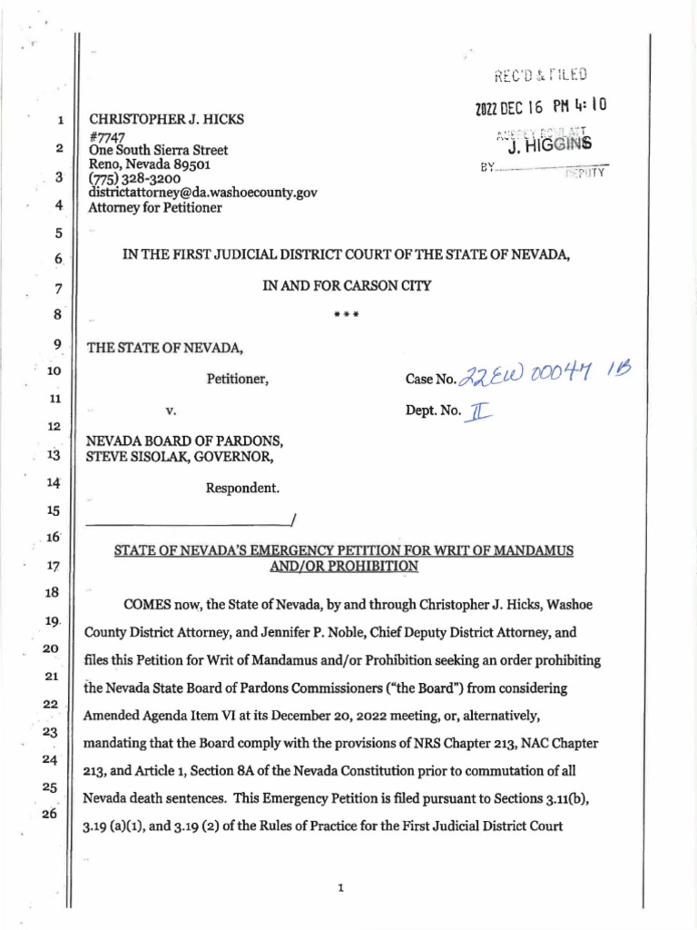 NEVADA Emergency Pet'n For Writ of Mandamus or Prohibition | PDF ...