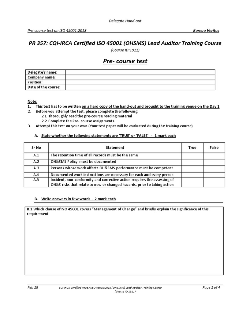 1.3.pre Course test-ISO 45001 | PDF | Risk | Occupational Safety And Health