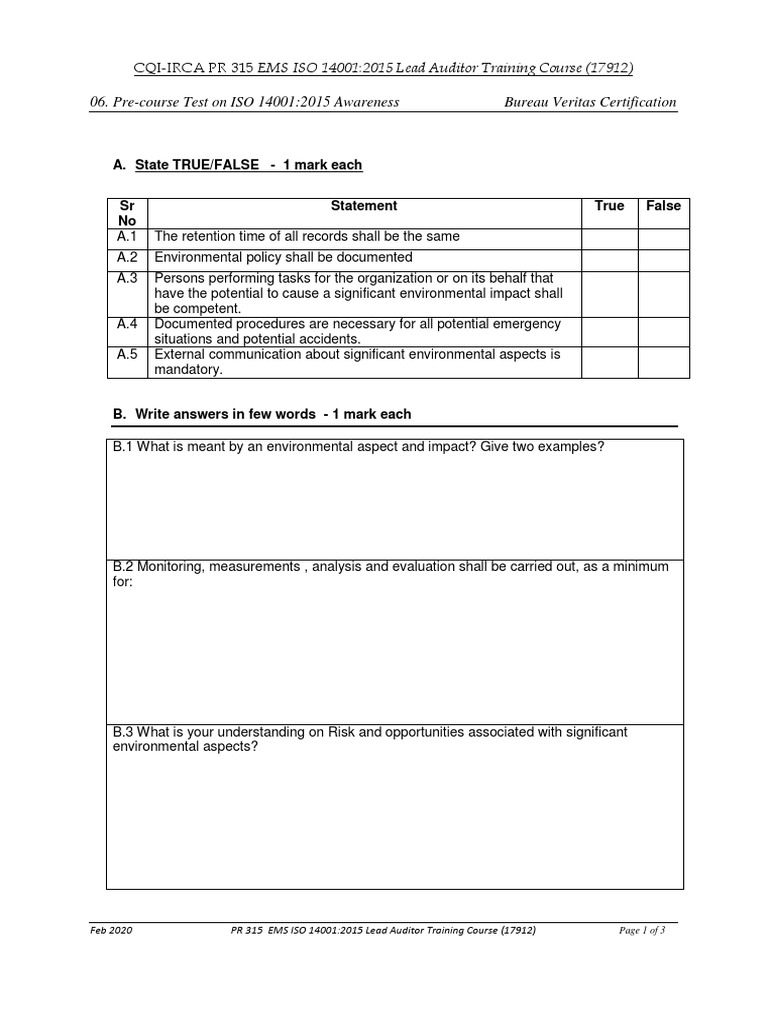 06-PR 315-EMS LA-Pre Course Test | PDF | Business