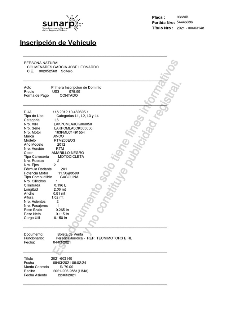 Inscripción Sunarp | PDF | Vehículos terrestres | Introducciones de ...