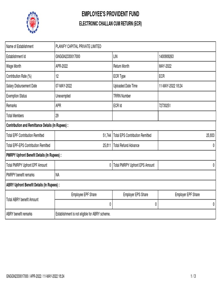 1 PF Statement Apr 22 Planify | PDF | Remittance | Employment Compensation
