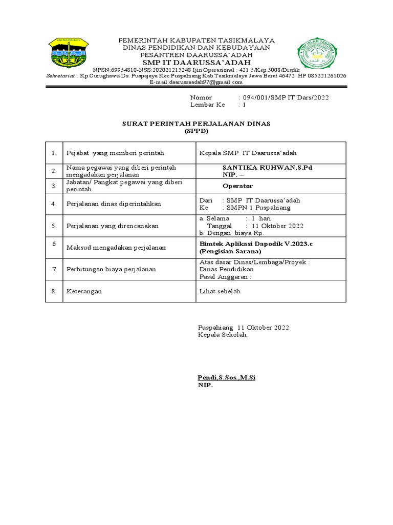 Contoh Surat Perjalanan Dinas | PDF