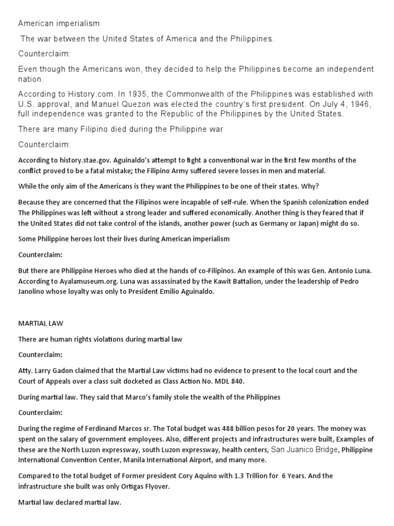 American and Martial Law Imperialism (Counter Claim) | PDF | Philippines