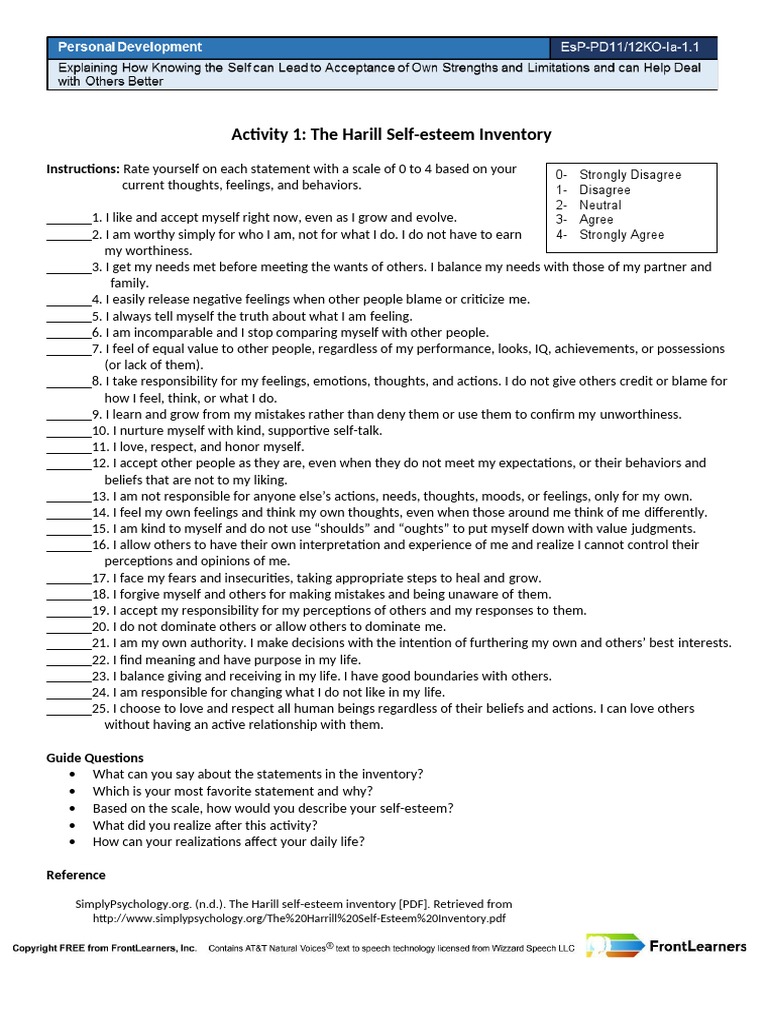 Harrill Self-Esteem Inventory Guide | PDF | Self Esteem | Thought