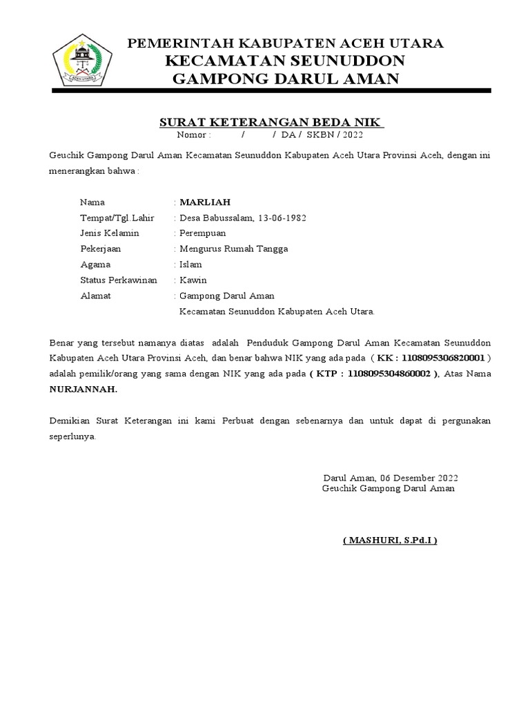 Surat Keterangan Beda NIK | PDF