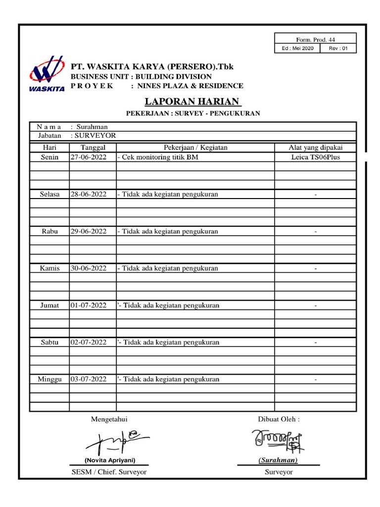 Form PROD 44 - Laporan Harian Surveyor | PDF