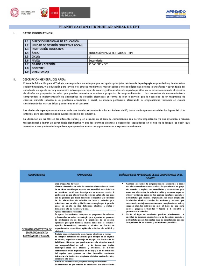 Plan Anual Ept 2° Sec | PDF | Aprendizaje | Iniciativa empresarial