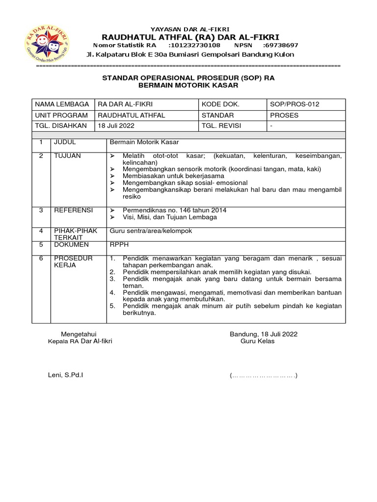 12 Sop Paud Bermain Motorik Kasar | PDF