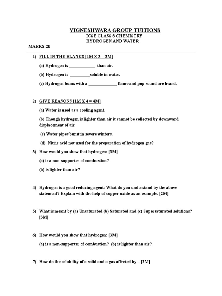 Icse Class 8 Chemistry Hydrogen and Water | PDF
