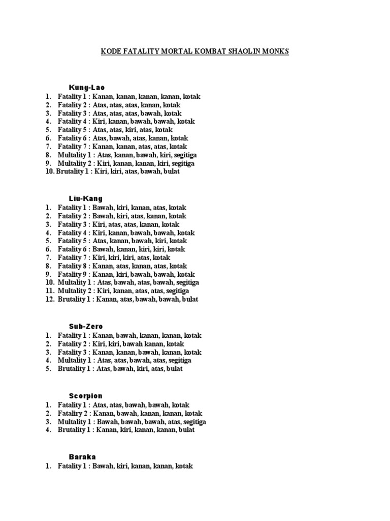 Kode Fatality Mortal Kombat Shaolin Monks | PDF