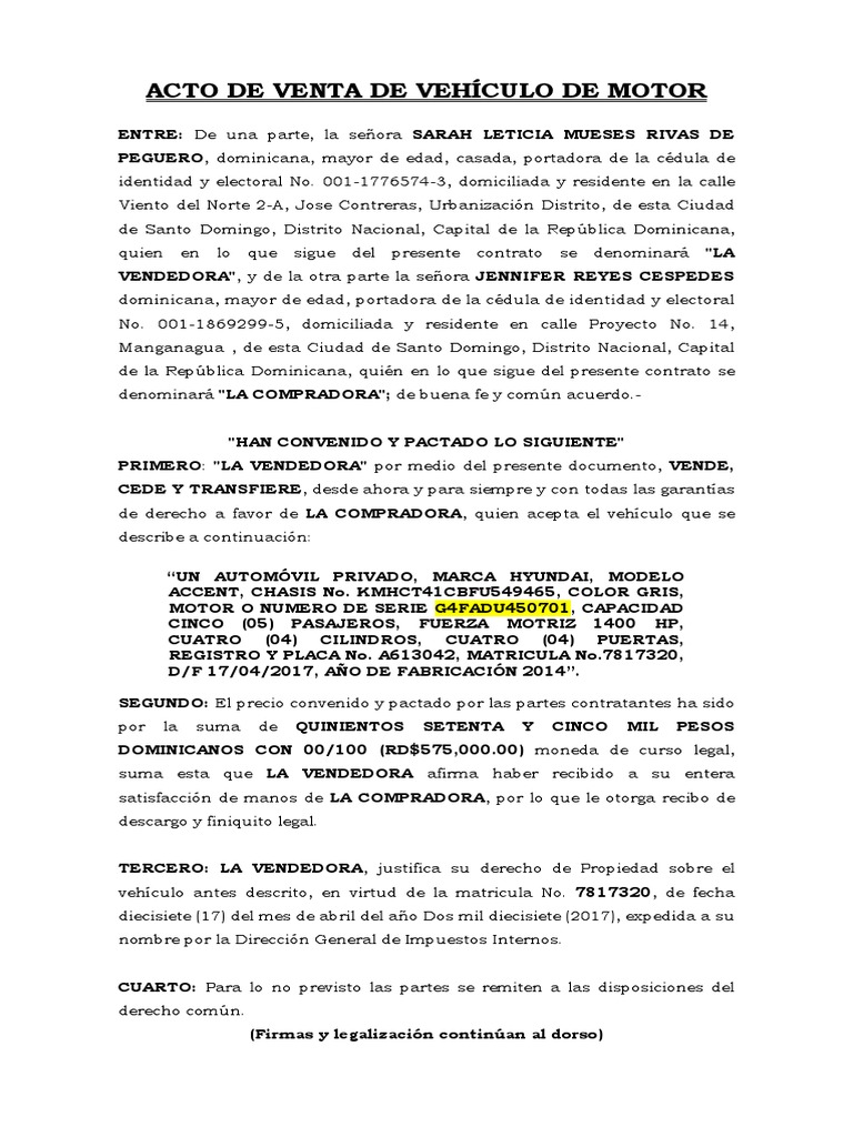 Acto de Venta de Vehiculo de Motor Jennifer Reyes Cespedes | PDF ...