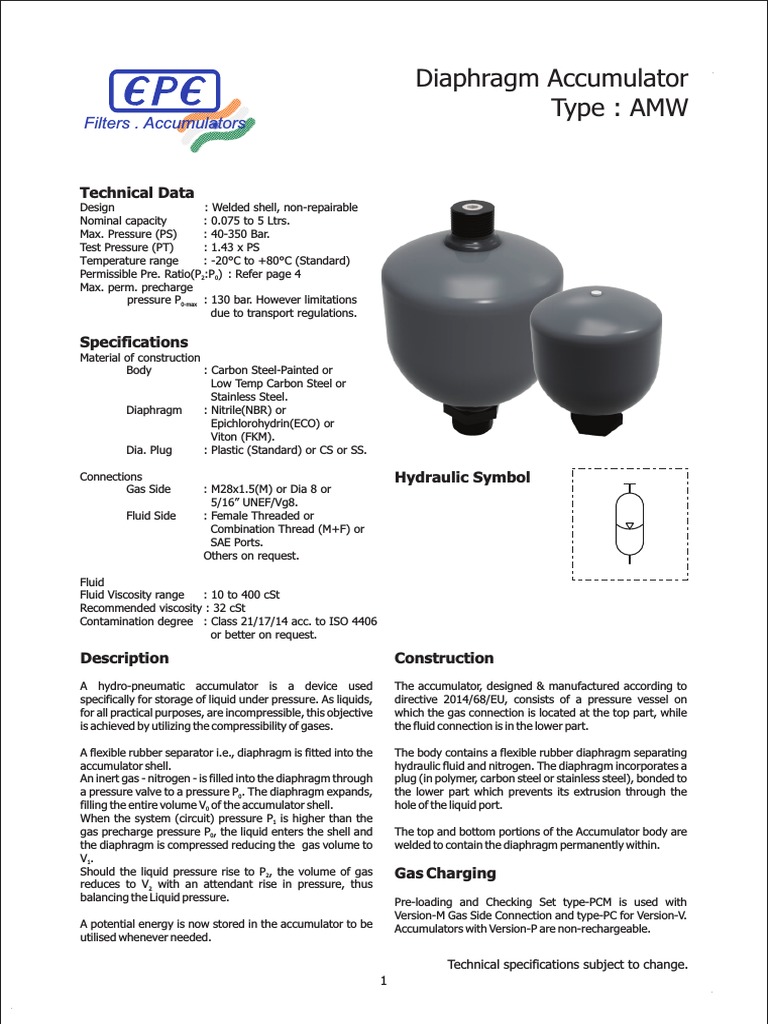 Diaphragm Accumulator - AMW - 13.001 Rev.6 | PDF | Hydrocarbons | Valve