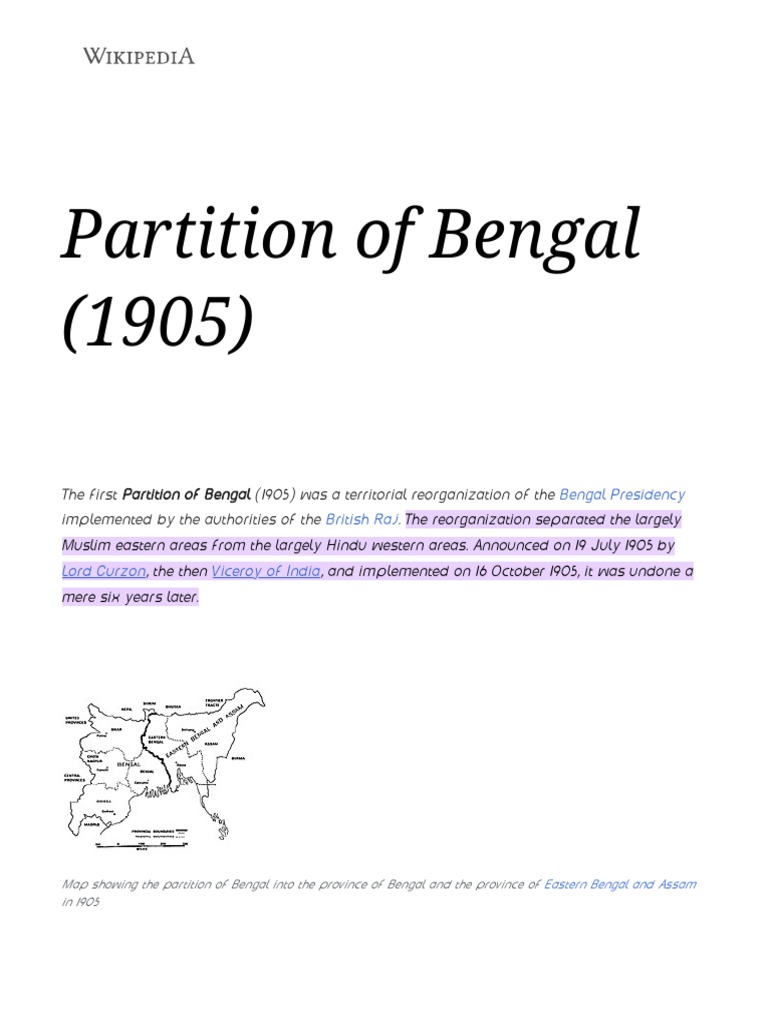 Partition of Bengal (1905) - Wikipedia | PDF | Indian Nationalism ...