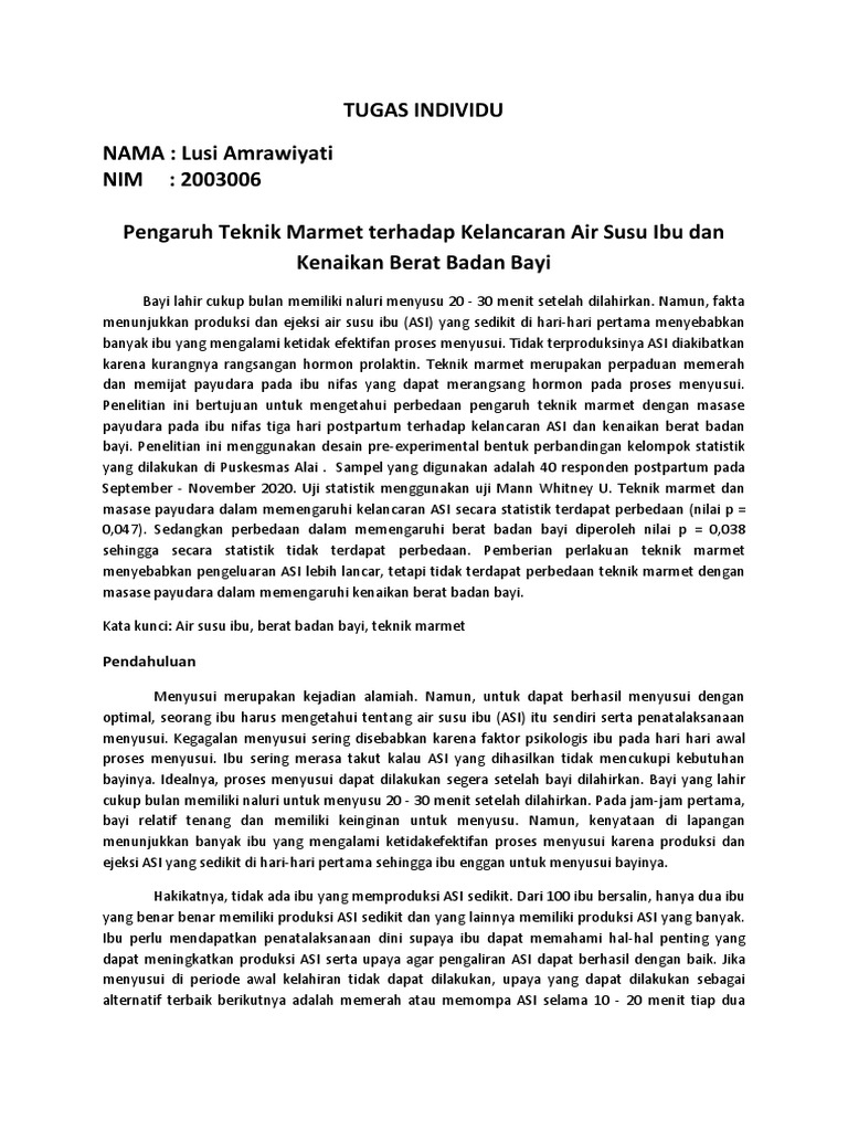 Pengaruh Teknik Marmet Terhadap Kelancaran Air Susu KUMPUL OK | PDF