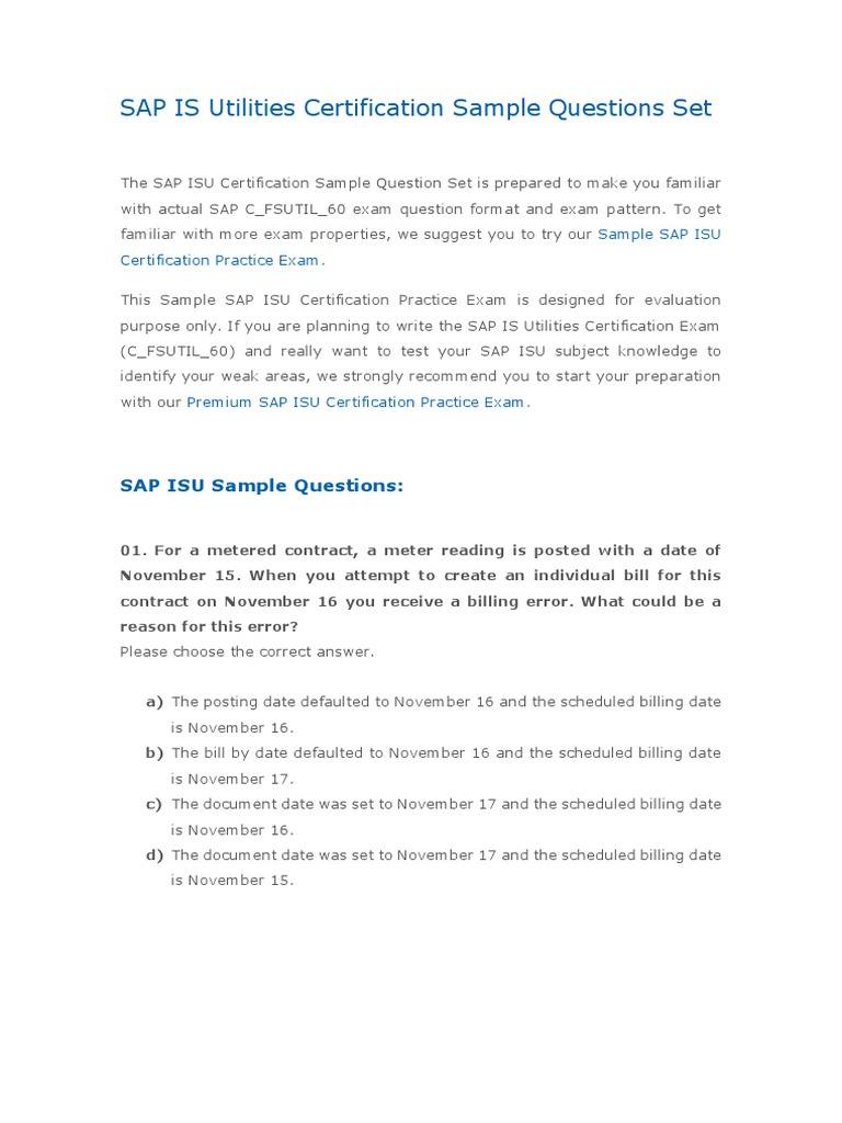 SAP IS Utilities Certification Sample Questions Set | PDF | Test ...