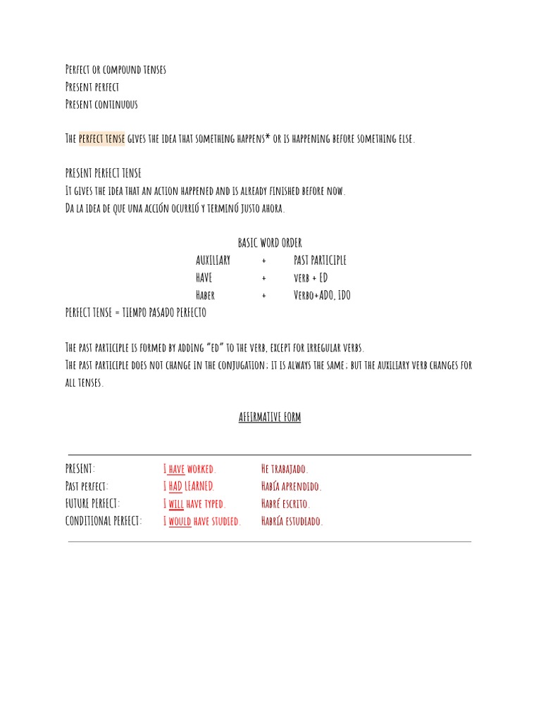 Perfect or Compound Tenses | PDF | Perfect (Grammar) | Grammatical Tense
