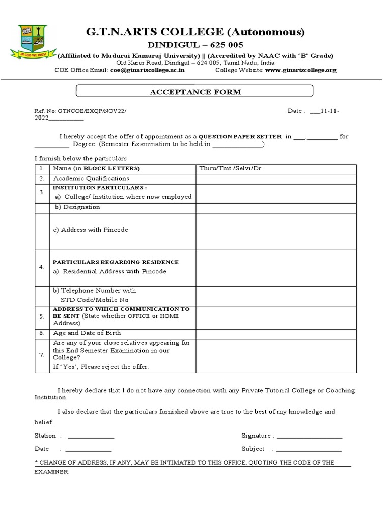 GTN Arts College exam forms | PDF