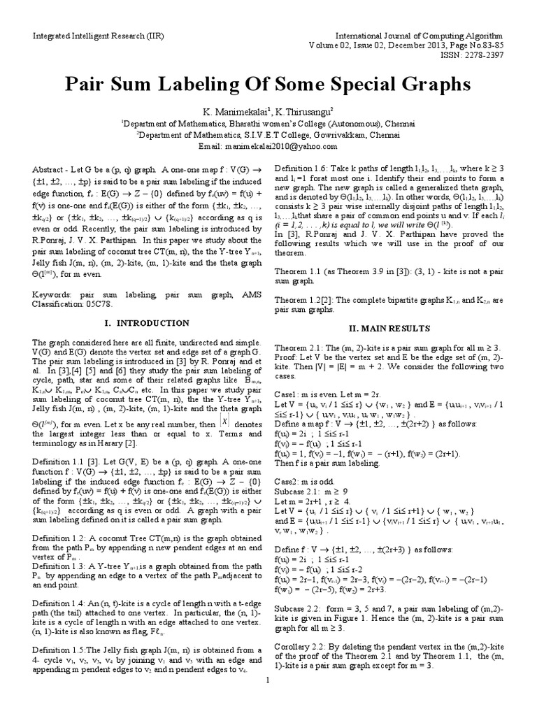 Pair Sum Labeling of Some Special Graphs | PDF | Graph Theory | Discrete Mathematics