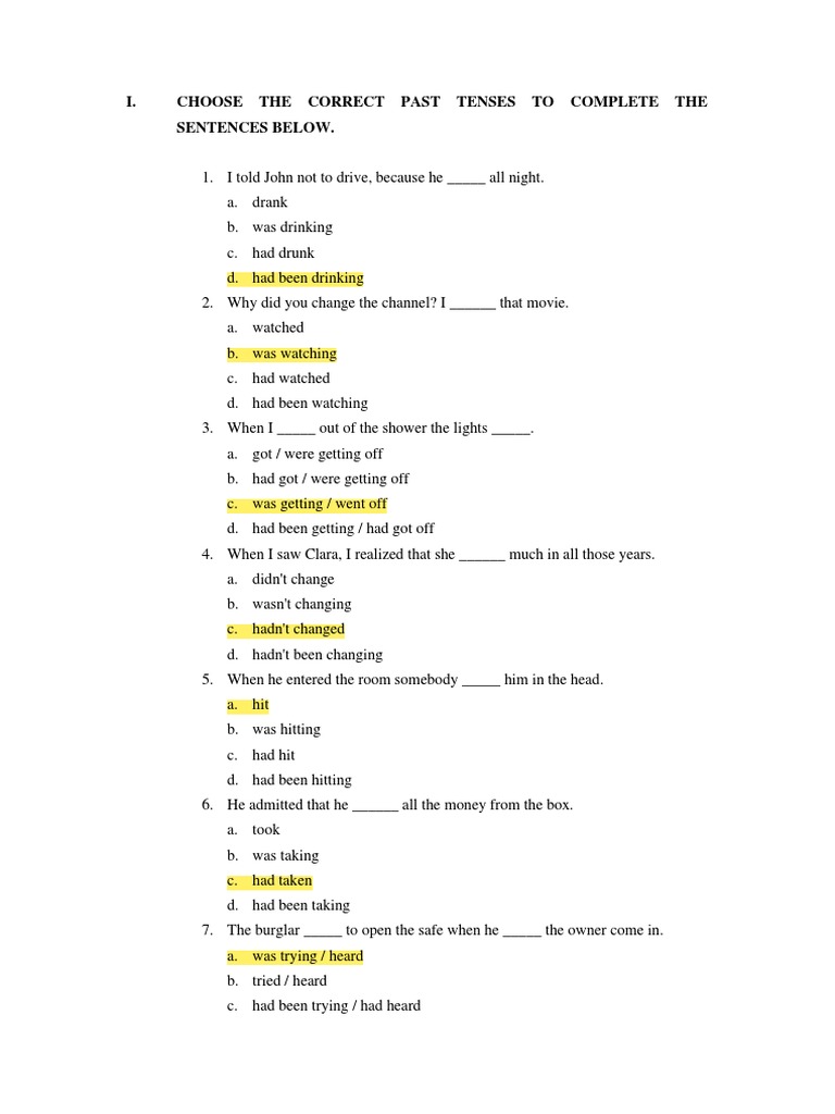 Past Tenses - Practice. - Answers | PDF