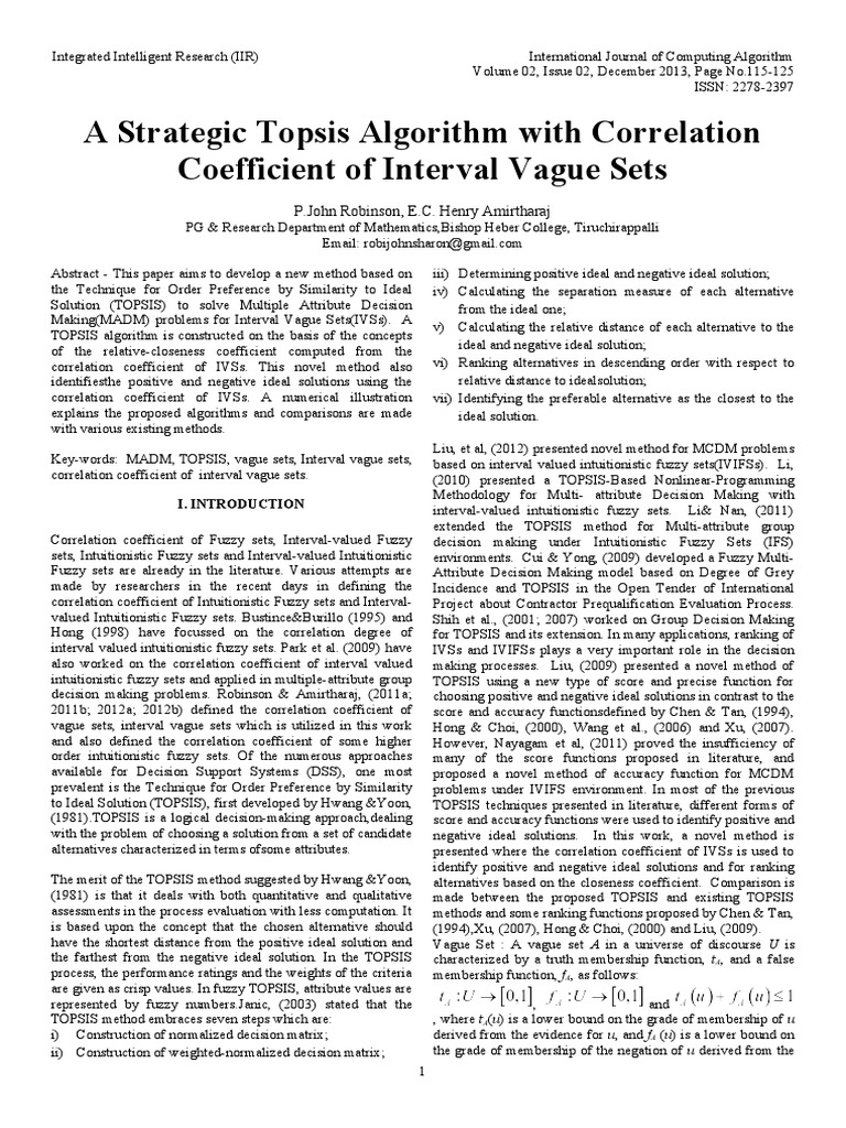 A Strategic Topsis Algorithm With Correlation Coefficient of Interval Vague Sets | PDF | Matrix ...