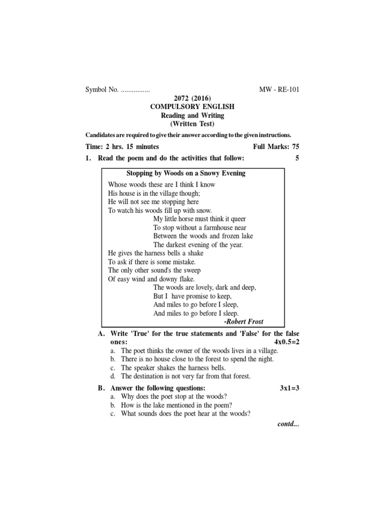 Compulsory English Class 10 (SEE) Question Paper 2072 (2016) MW-RE-101 ...