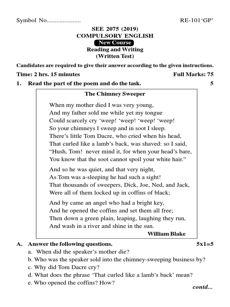 Compulsory English Class 10 (SEE) Question Paper 2075 (2019) RE-101'GP ... Compulsory English Class 10 (SEE) Question Paper 2075 (2019) RE-101'GP ...