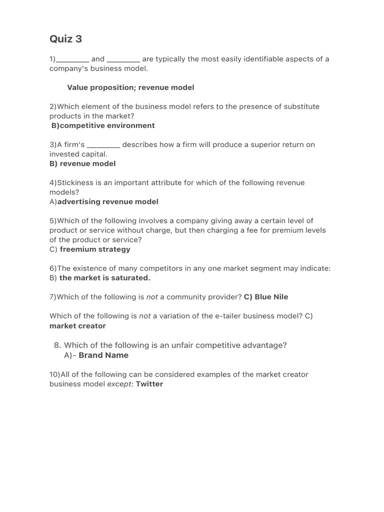 Business Model Quiz for Students | PDF | Finance & Money Management ...