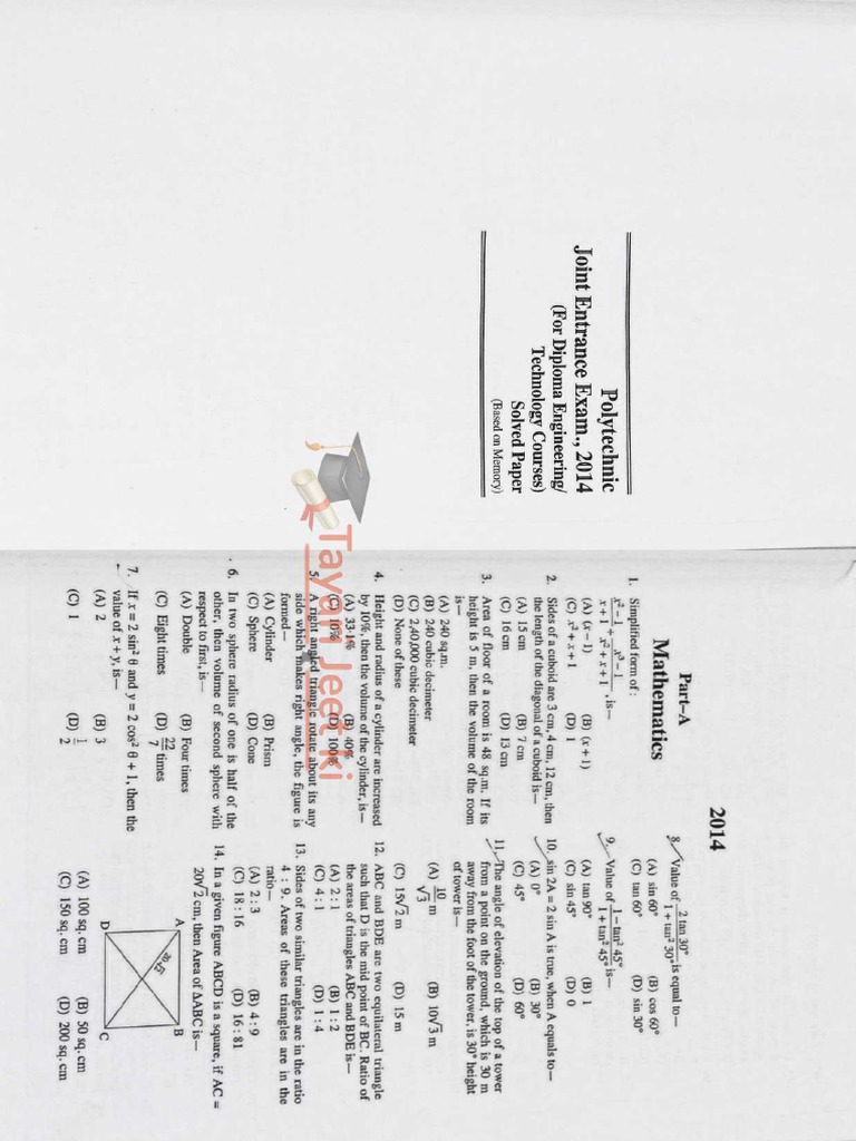 Up Polytechnic Entrance Exam 2014 Previous Year Solved Question Paper | PDF Up Polytechnic Entrance Exam 2014 Previous Year Solved Question Paper | PDF