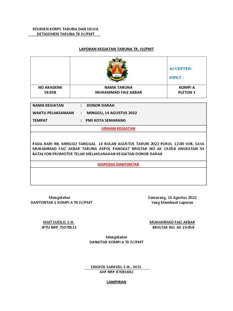 Laporan Kegiatan Donor Darah Taruna TK IV/PMT | PDF