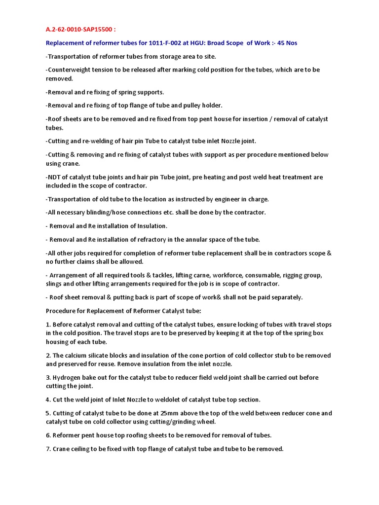 Reformer Tube Replacement Procedure | PDF | Construction | Welding