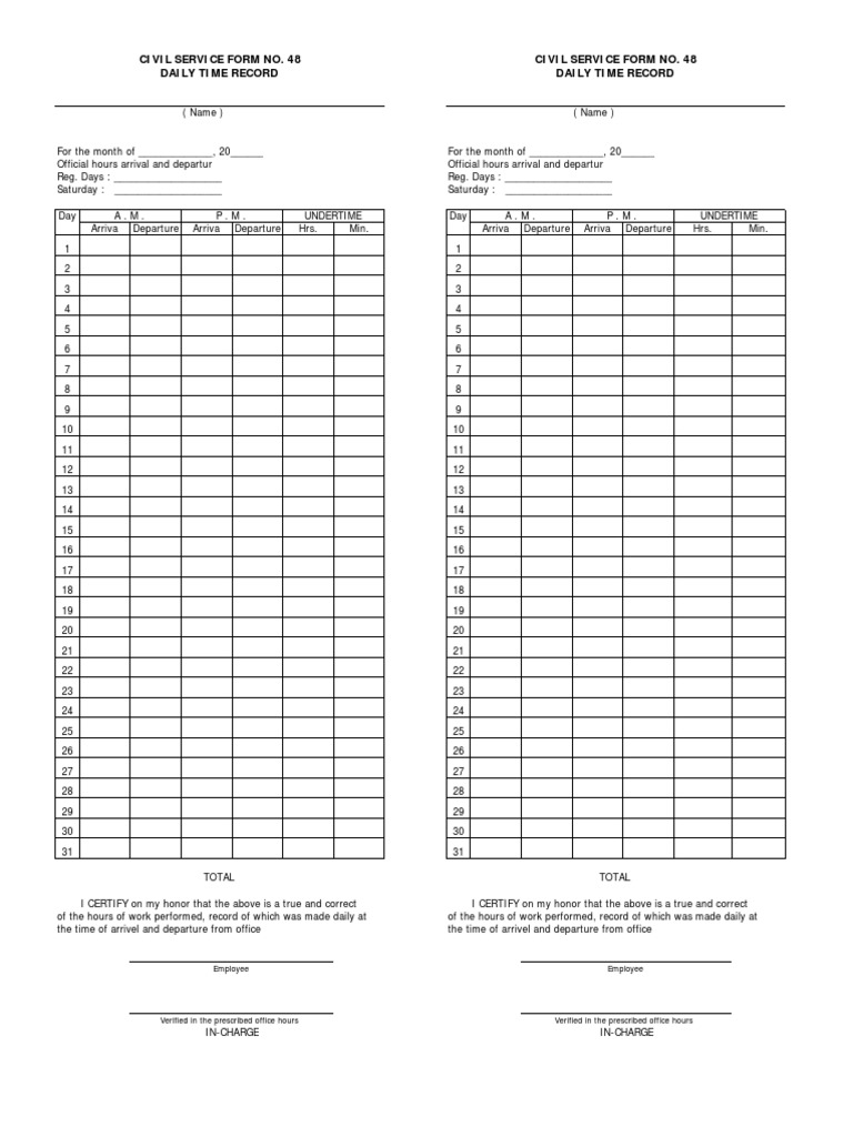 Civil Service Form No 48 Daily Time Reco | PDF