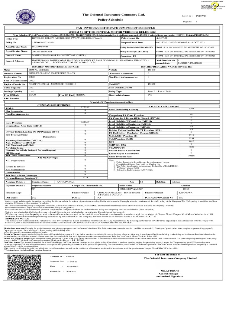Policy Schedule Document for a Motorcycle Insurance Policy Issued to ...