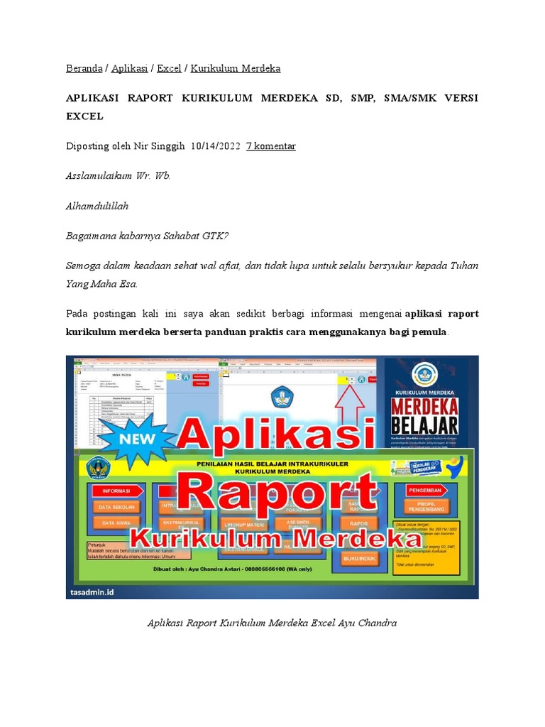 Aplikasi Raport Kurikulum Merdeka SD, SMP, Sma, SMK Versi Excel | PDF