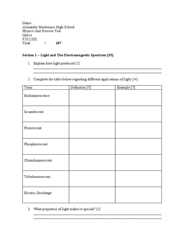 Grade 10 Optics Review Test | PDF | Refraction | Light