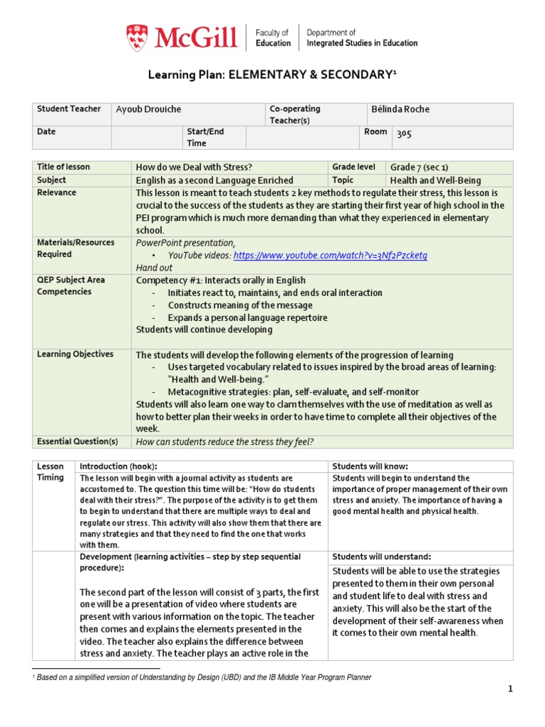 Stress Management Lesson Plan | PDF | Learning | Teachers